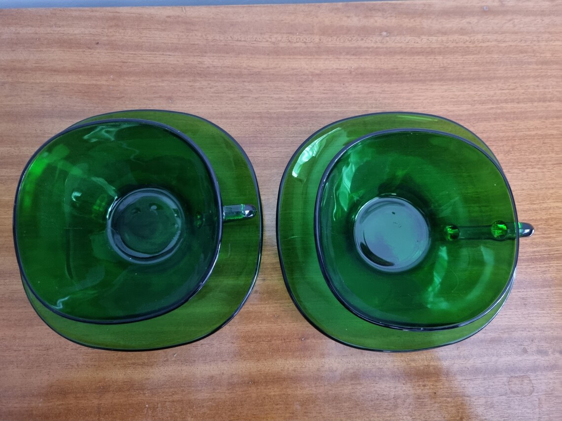 Pair of Green Square Vereco Glass Tea Cups and Saucers - Etsy