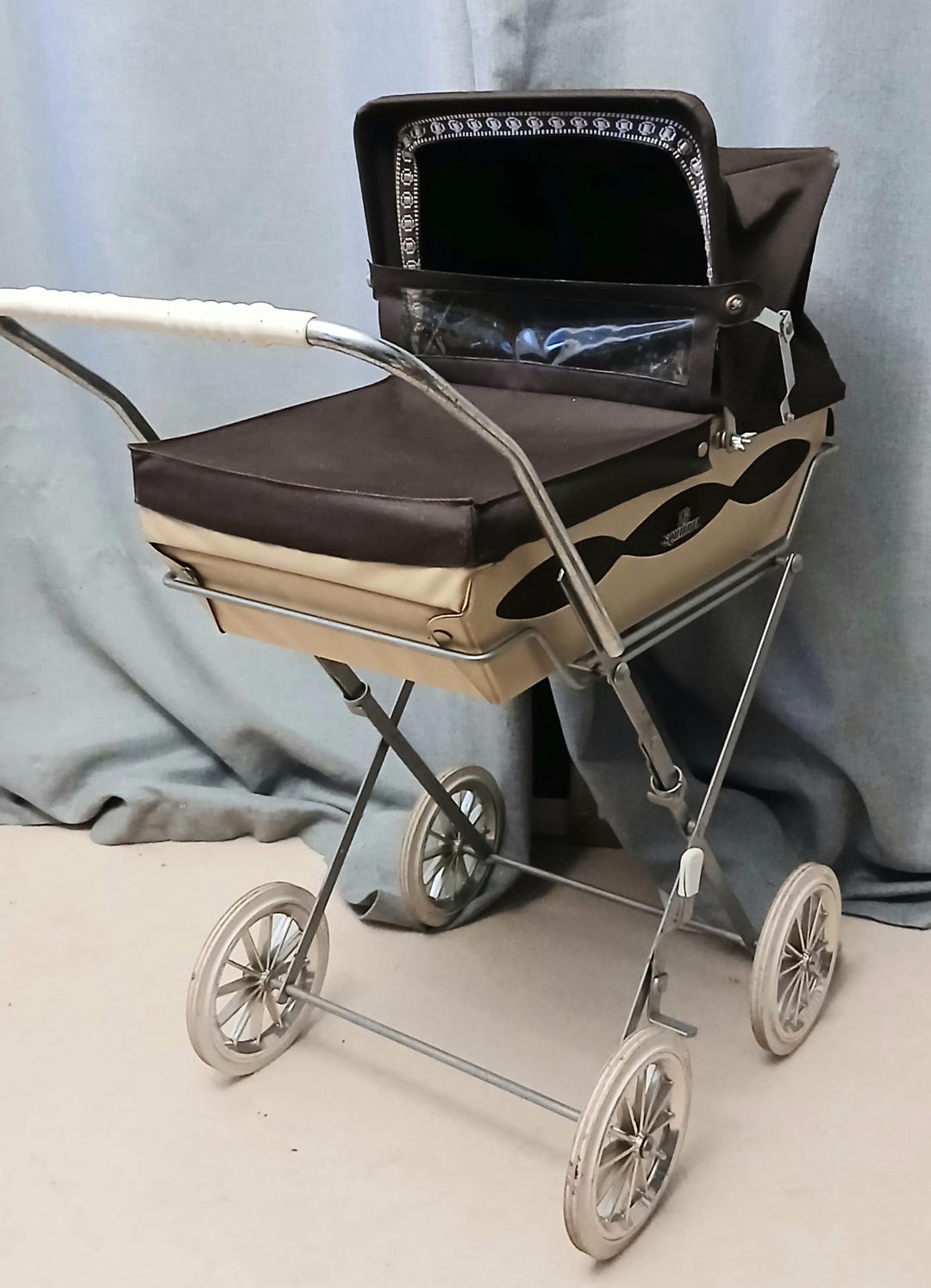 Vintage 1970s Doll's Pram, Brown Beige Plastic Fabric, Foldaway Toy ...