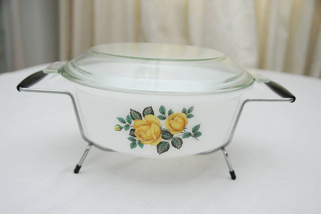 Phoenix Glass Casserole Dish, Dish Stand, Mid Century Cookware, Yellow ...