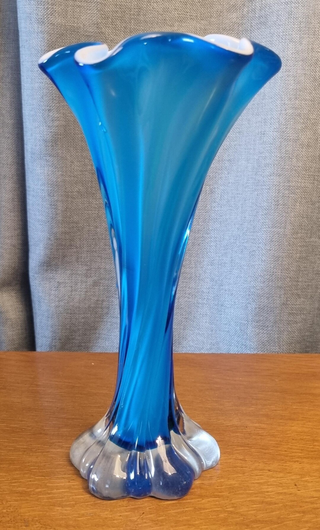 Handblown Ocean Blue Ruffled Vase: Mid Century Art Glass Decor - Etsy
