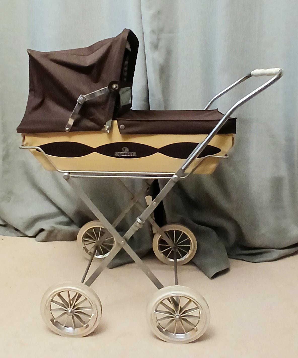 Vintage 1970s Doll's Pram, Brown Beige Plastic Fabric, Foldaway Toy ...