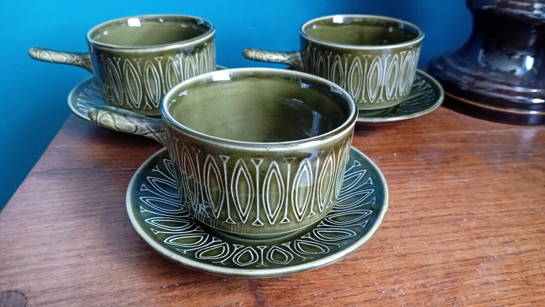 Tams Soup Bowls With Saucers, Green Tams Ware, 1960s Tableware, 1970s ...