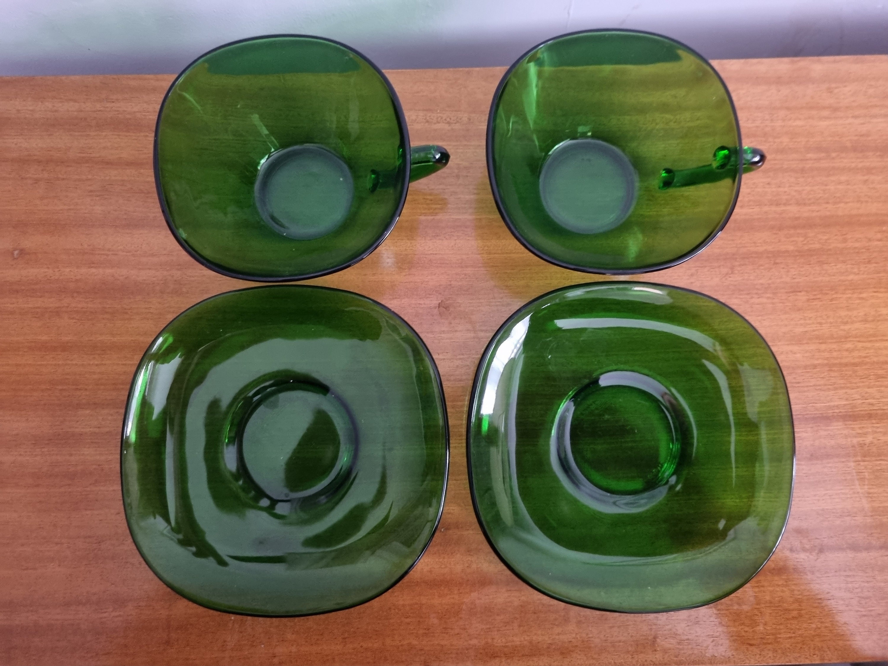 Pair of Green Square Vereco Glass Tea Cups and Saucers - Etsy