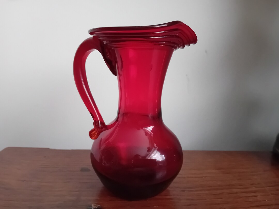 Ruby Red Glass Jug, Small Glass Pitcher, Blood Red Glass, Vintage ...