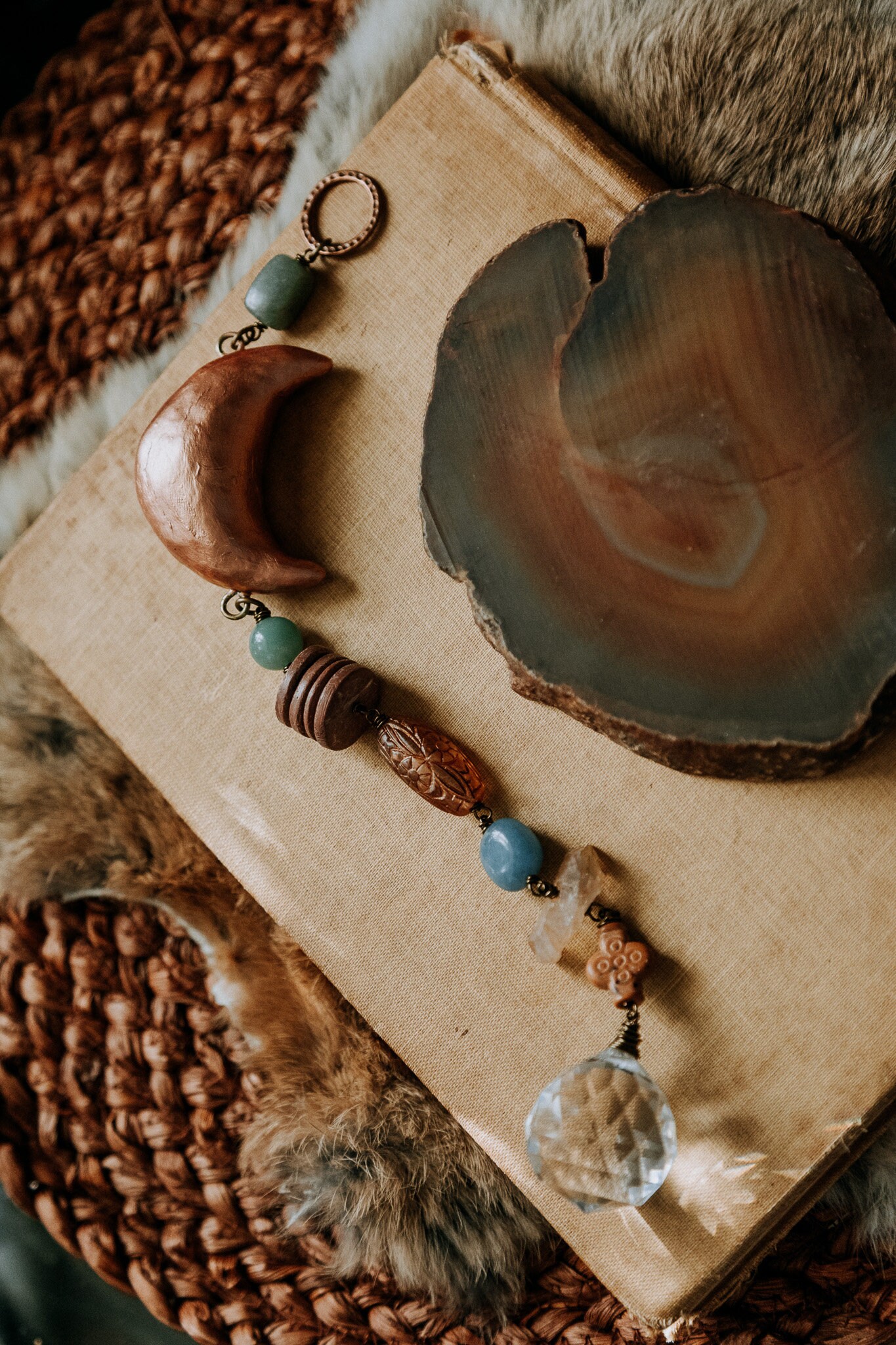 Amelia. a Hand Formed Clay Moon Adorned With Earthy Beads and a Crystal ...