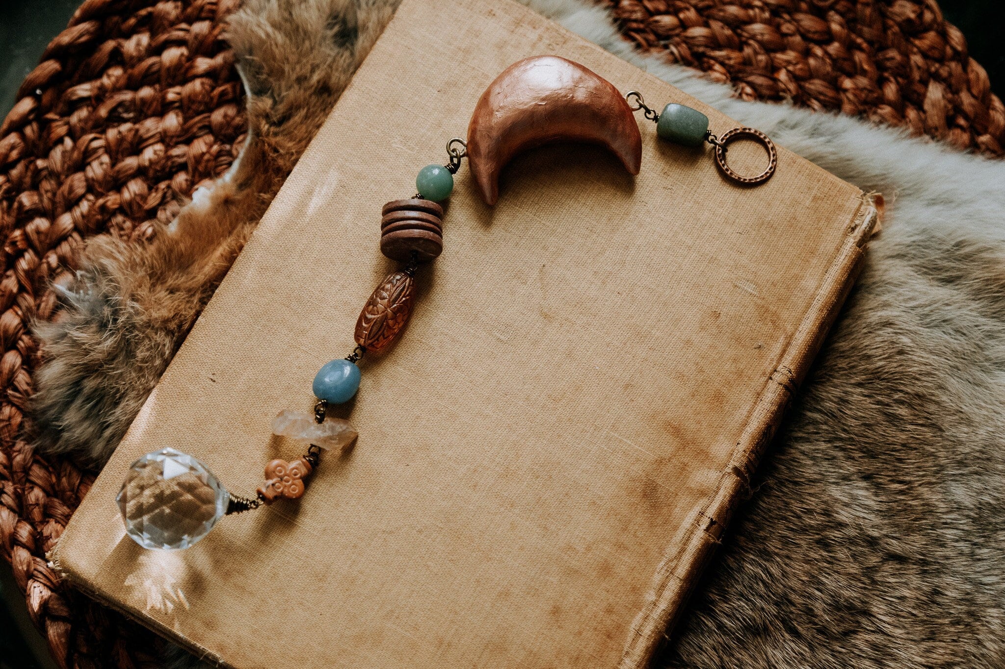 Amelia. a Hand Formed Clay Moon Adorned With Earthy Beads and a Crystal ...