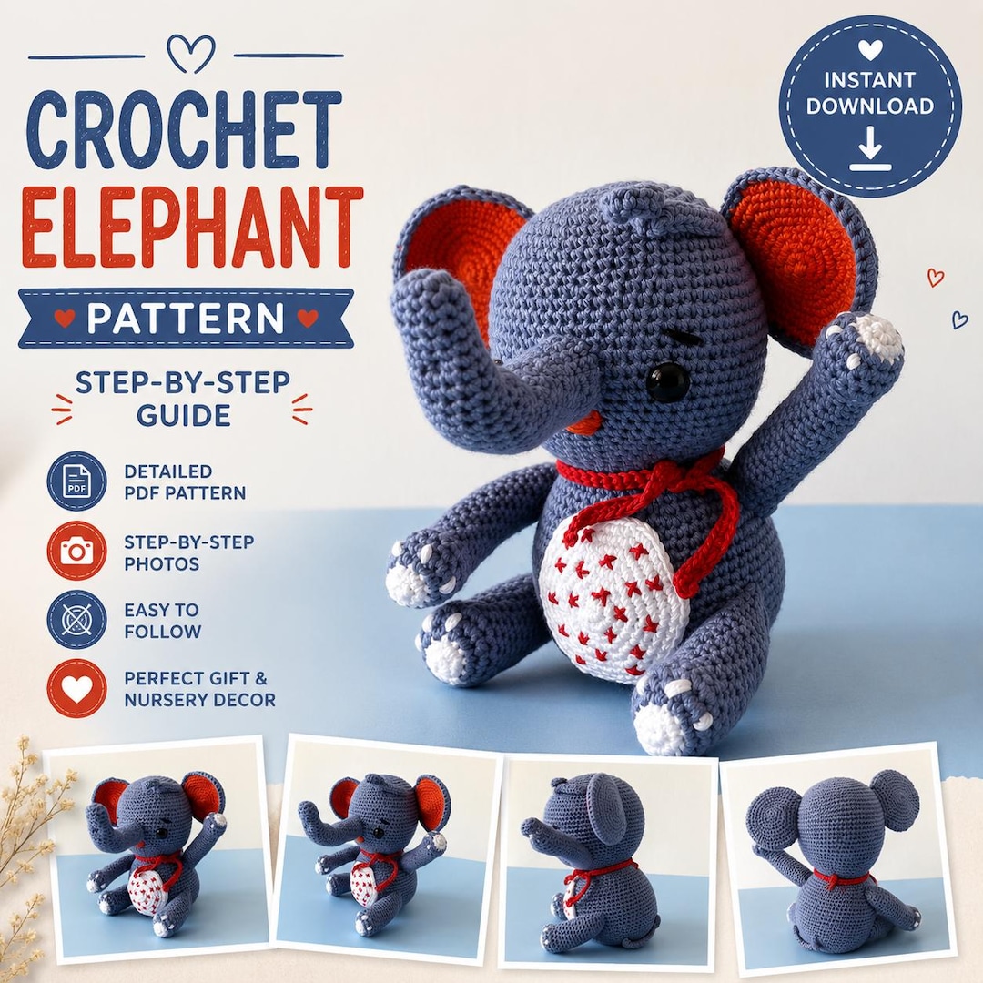 Crochet Elephant Pattern PDF, Amigurumi Elephant Tutorial, Stuffed ...