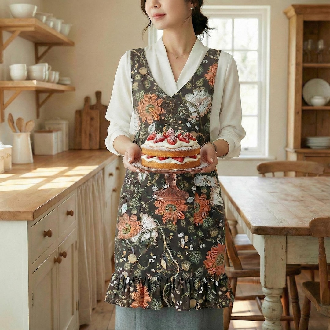 Vintage Floral Cotton Apron, Korean Style Apron With Pockets, Elegant ...