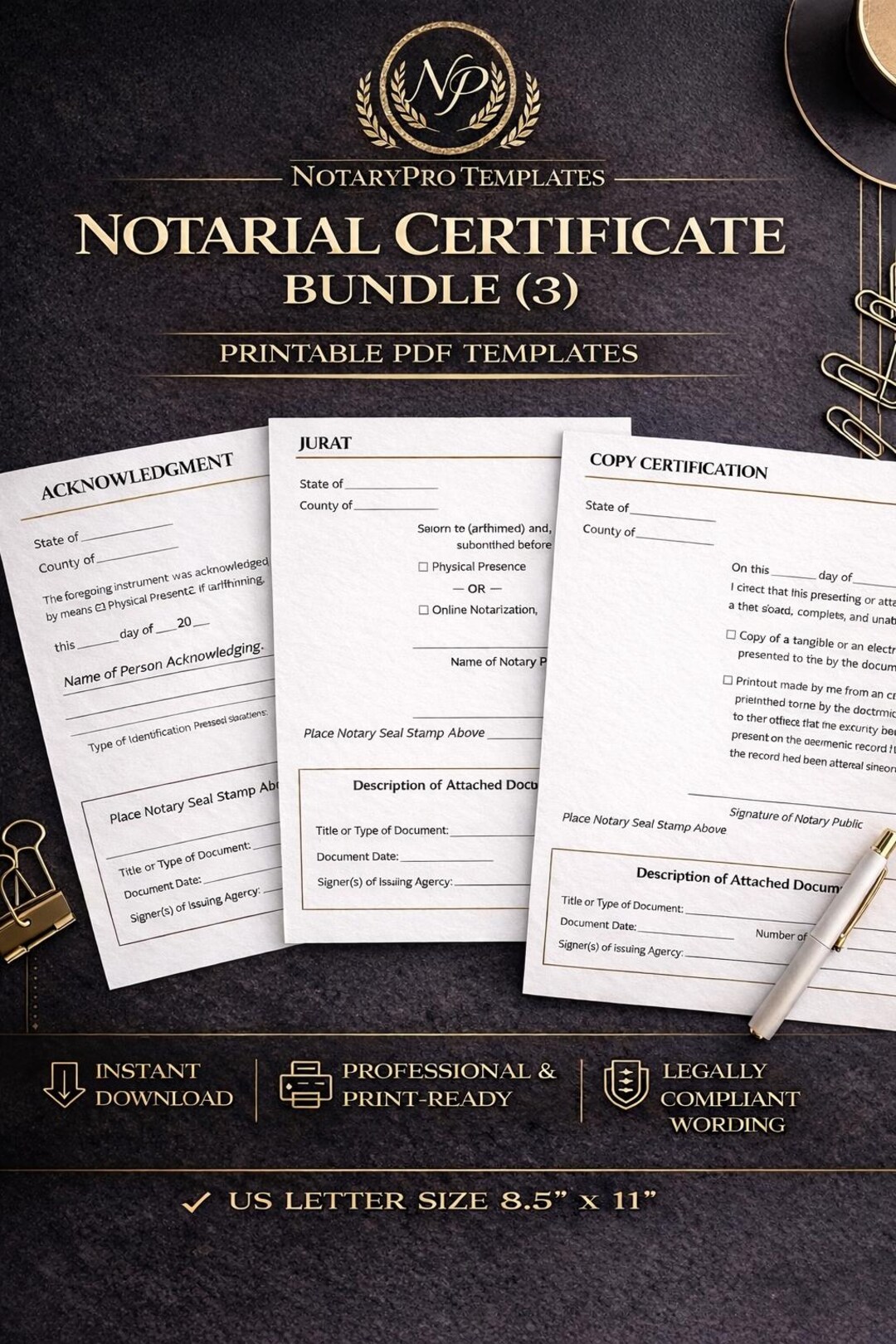 Notarial Certificate Bundle (3) | Acknowledgment, Jurat & Copy ...