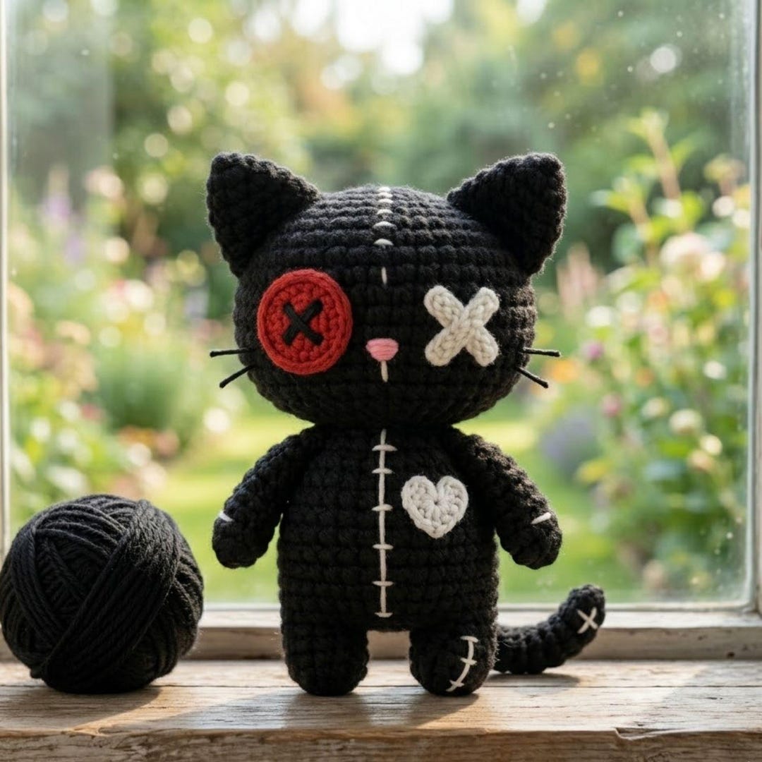 Black Cat Crochet Plush, Gothic Amigurumi Doll, Handmade Kawaii Cat Toy ...
