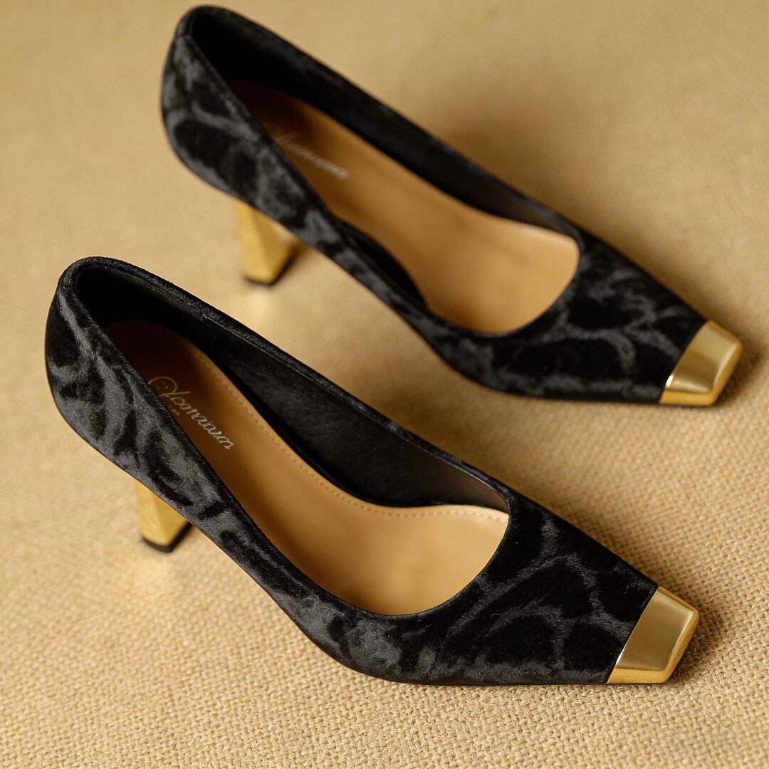 Black Satin Gold Accent Heels | Block Heel Pumps | Valentine’s Wedding ...