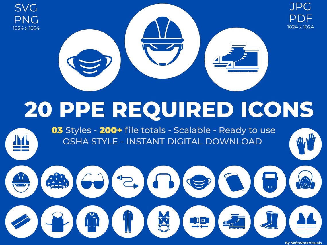 PPE Required Icon Set | Industrial Safety Signage | OSHA Style ...