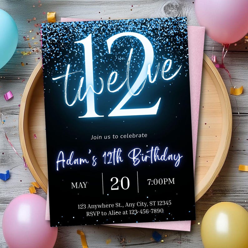 Editable Boy Glitter Birthday Invite 12th Birthday Invitation Template ...