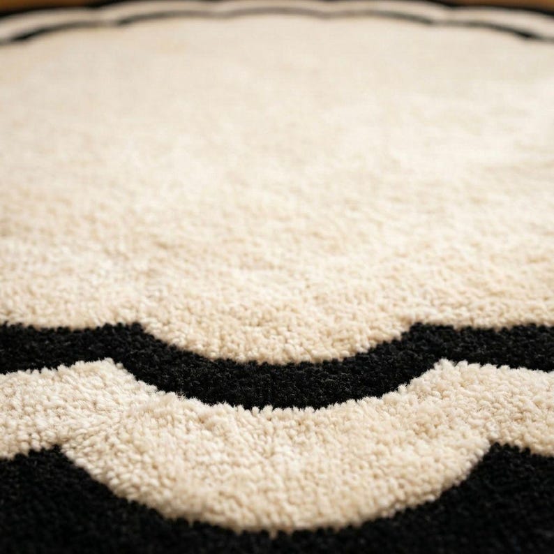 Black Cream Scalloped Edge Rug • Round Wool Hand Tufted Carpet for ...