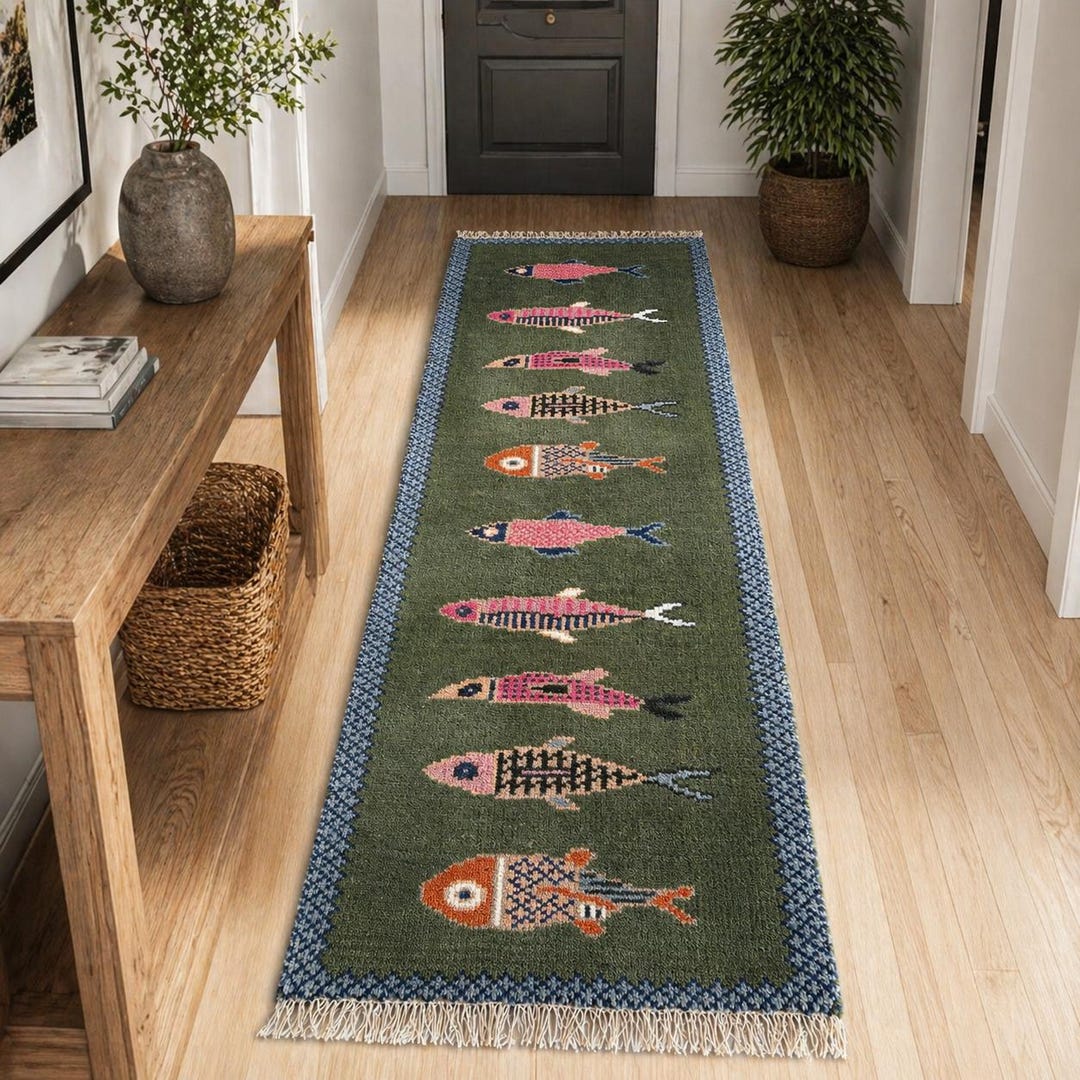 Fish Runner Rug • Handmade Wool Green Hallway Runner Coastal Beach ...