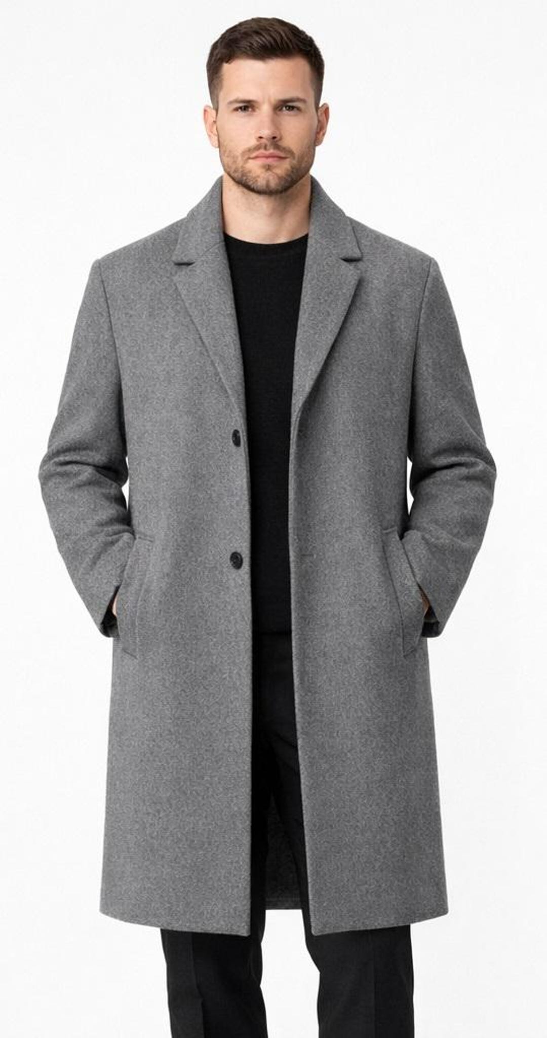 Men's Grey Wool Minimalist Long Coat: Winter Business Formal Casual ...