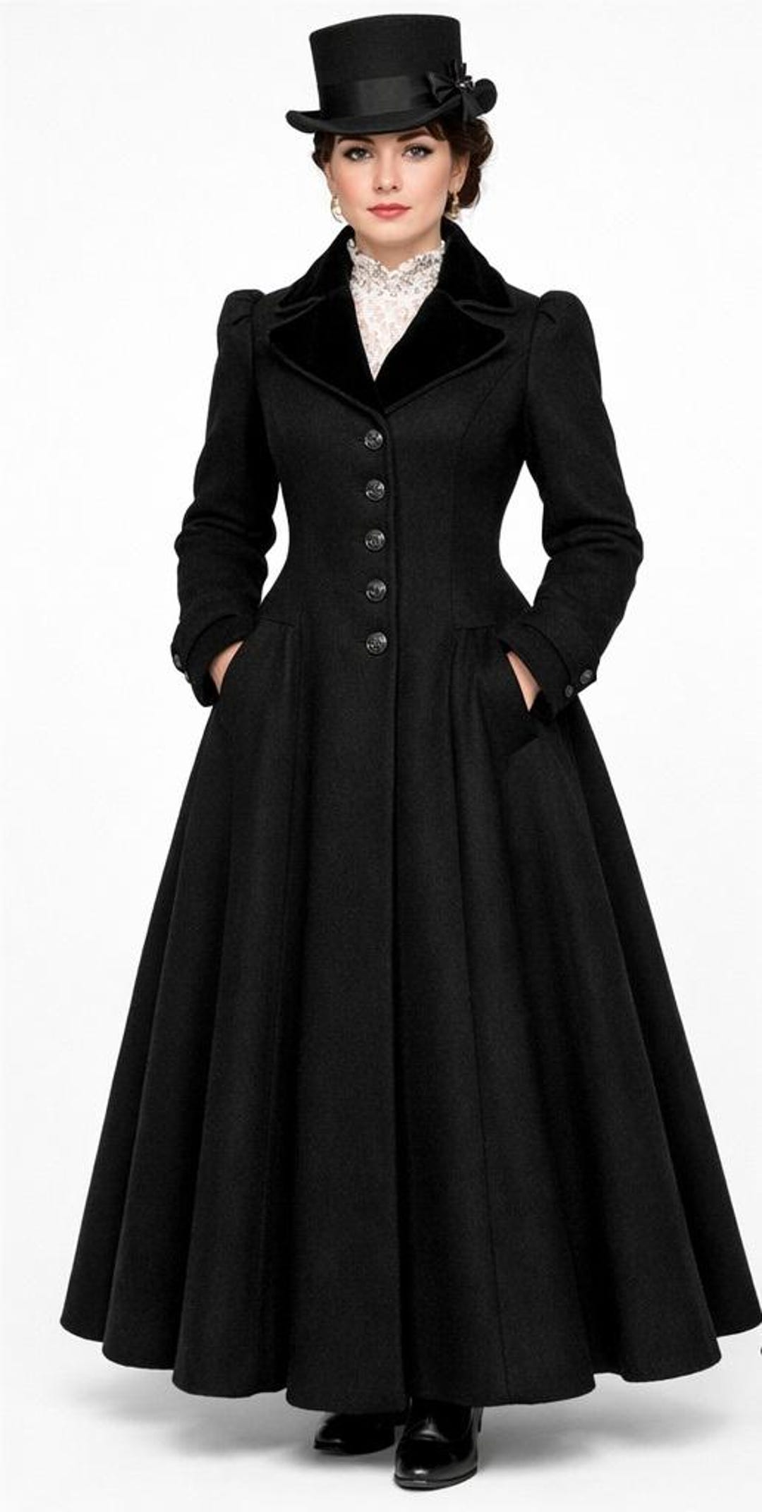 Women's Victorian Black Wool Long Coat: Vintage Victorian Handmade ...