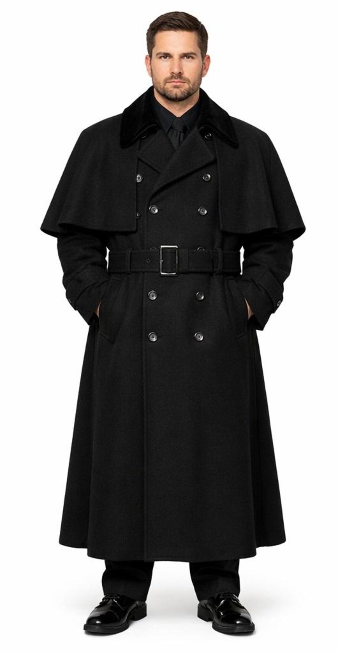 Men's Black Wool Inverness Trench Coat: Vintage Victorian Gothic Winter ...