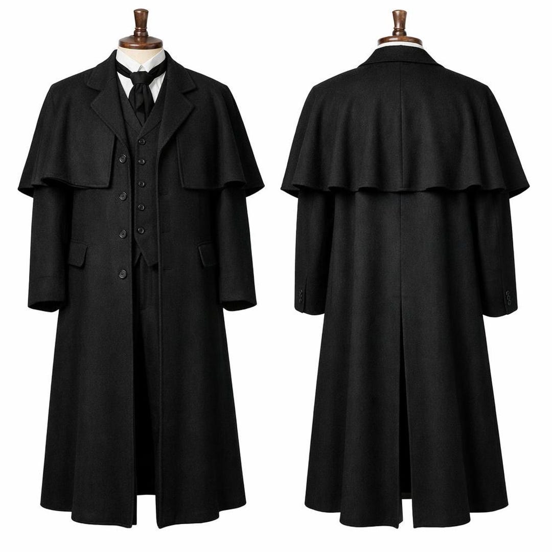 Men's Black Wool Inverness Cape Overcoat: Victorian Steampunk Vintage ...