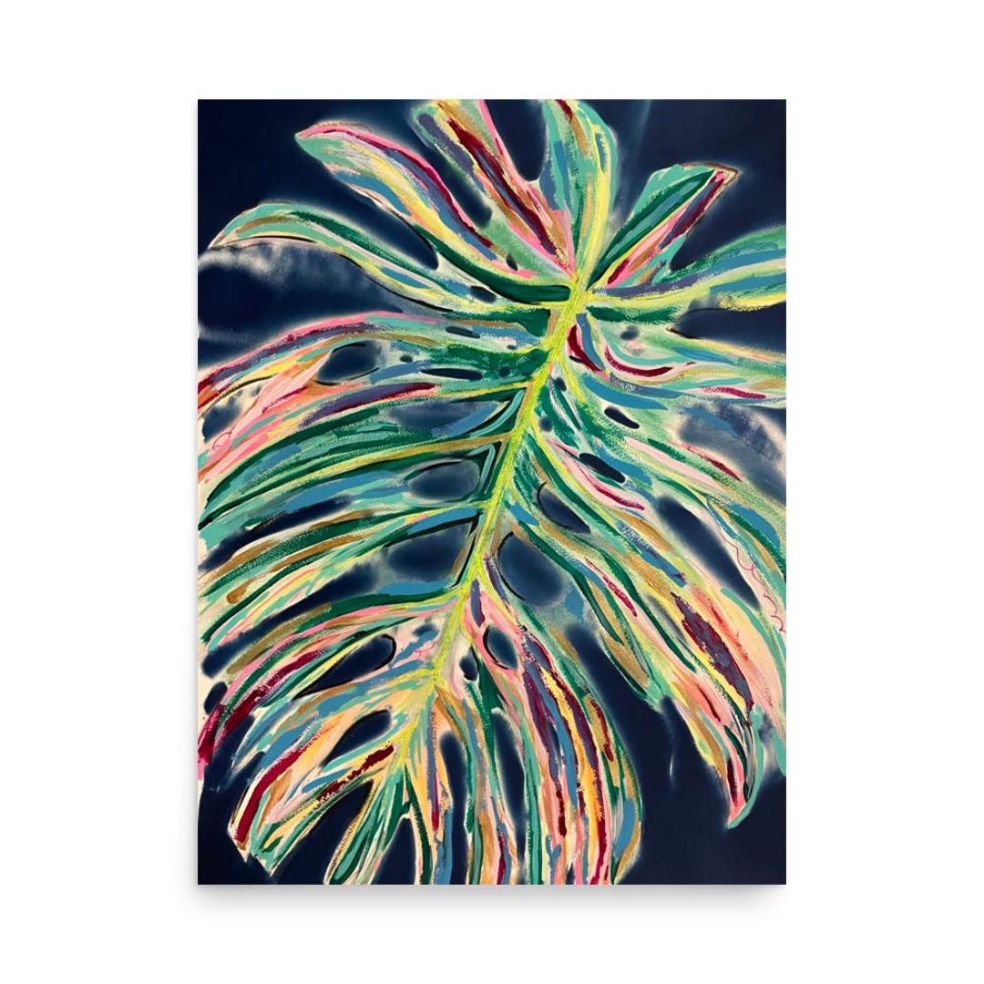Abstract Expressive Acrylic Monstera, Cyanotype Underpainting, Poster ...