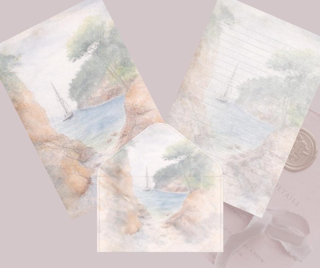 Watercolor Coastal Stationery Set, Seaside Letter Paper & Envelope ...