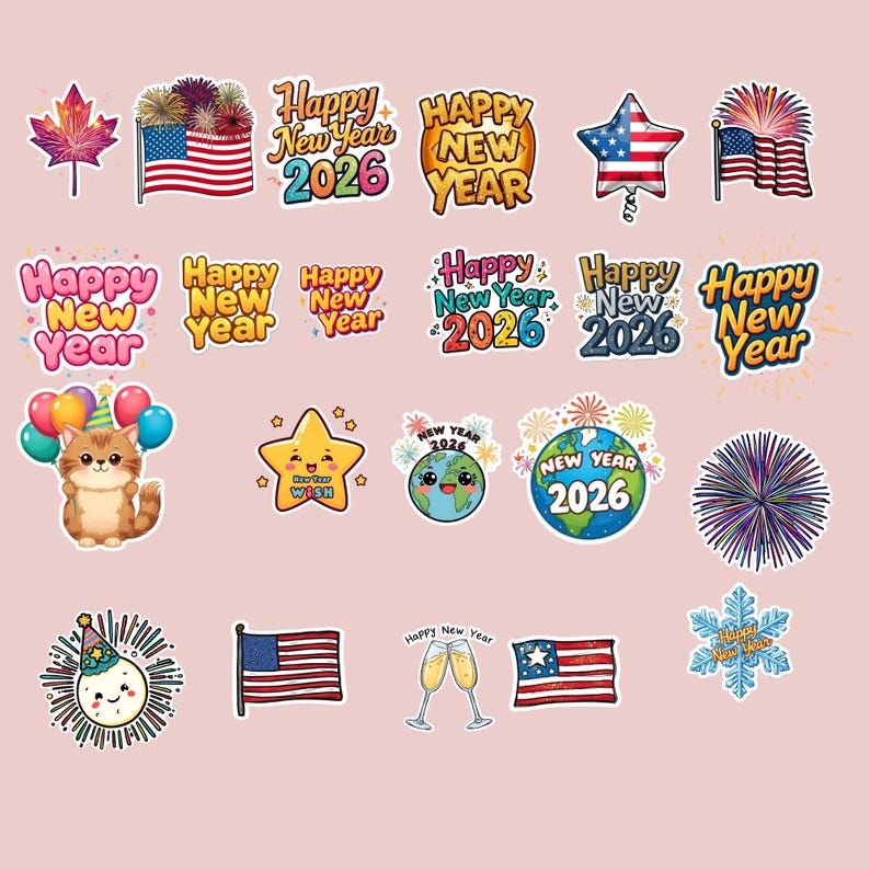 Happy New Year Digital Stickers PNG | 2026 Celebration Stickers Instant ...