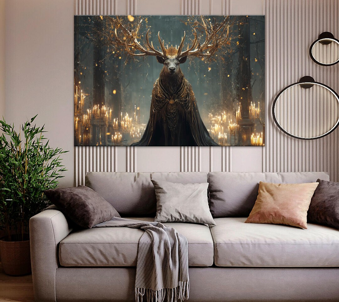 Crowned Stag Wall Art, Mythical Deer King Canvas, Fantasy Forest Wall ...