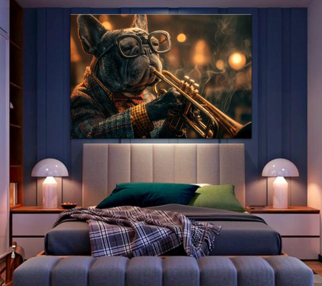 French Bulldog Jazz Musician Wall Art, Funny Dog Playing Trumpet ...