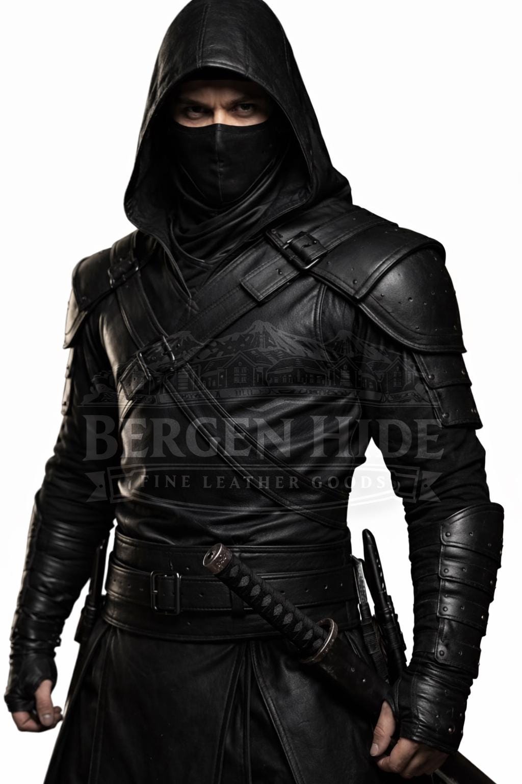 Black Leather Ninja Assassin Costume Hooded LARP Armor Samurai Warrior ...