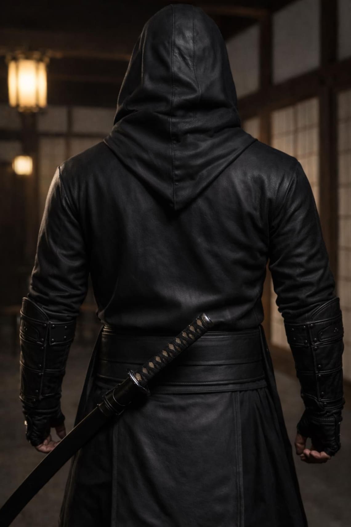 Black Leather Ninja Assassin Costume Hooded LARP Armor Samurai Warrior ...