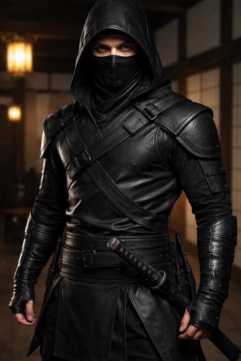 Black Leather Ninja Assassin Costume Hooded LARP Armor Samurai Warrior ...
