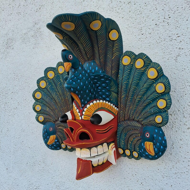 Sri Lankan Mayura Raksha Mask, Peacock Devil Mask, Wooden Wall Decor ...