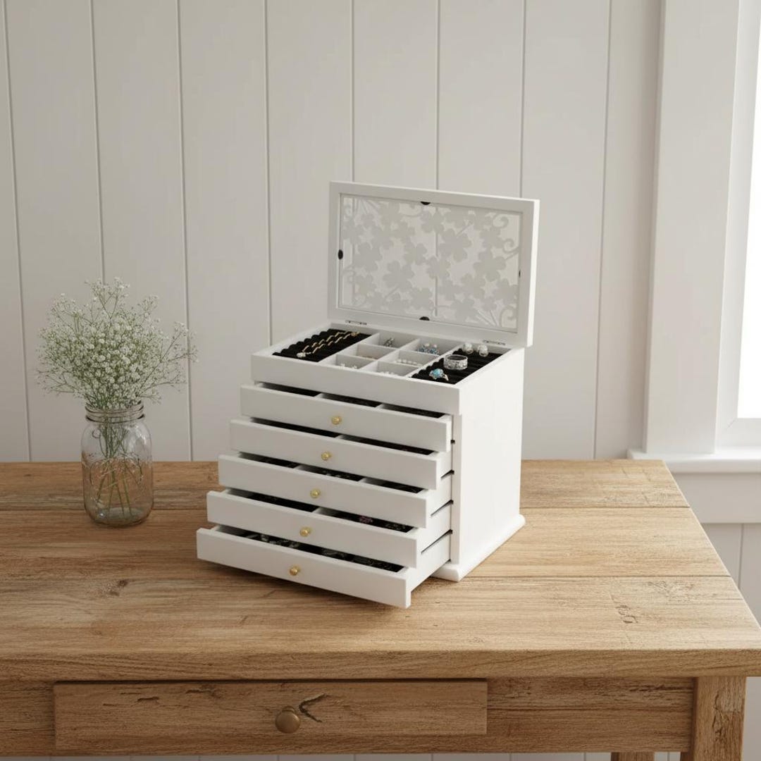 White Wooden Jewelry Box, 6 Layer Jewelry Organizer for Women - Etsy