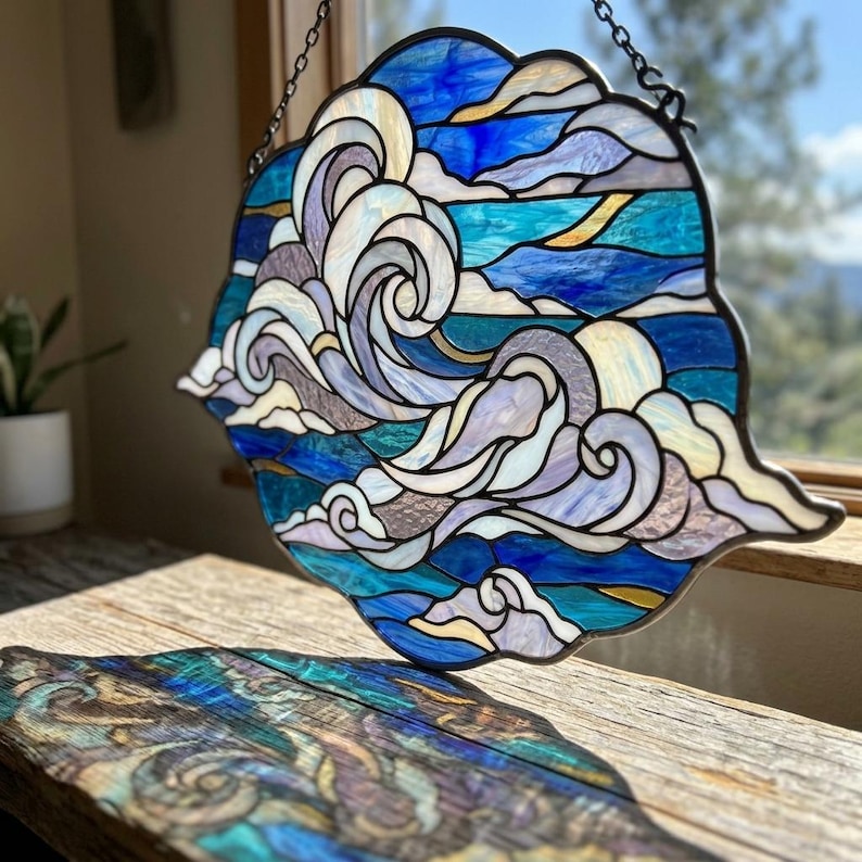 Stained Glass Cloud Suncatcher, Ocean Waves Window Hanging, Coastal Art ...