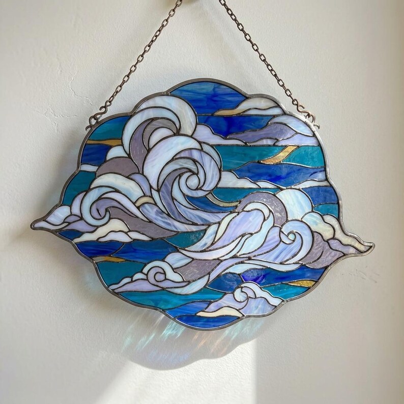 Stained Glass Cloud Suncatcher, Ocean Waves Window Hanging, Coastal Art ...