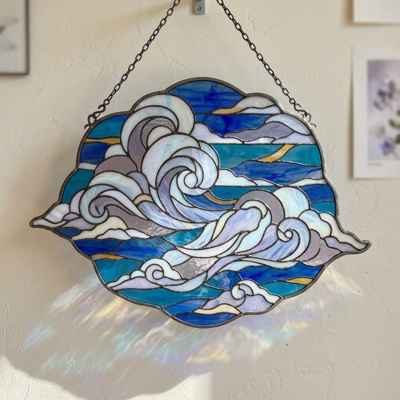 Stained Glass Cloud Suncatcher, Ocean Waves Window Hanging, Coastal Art ...