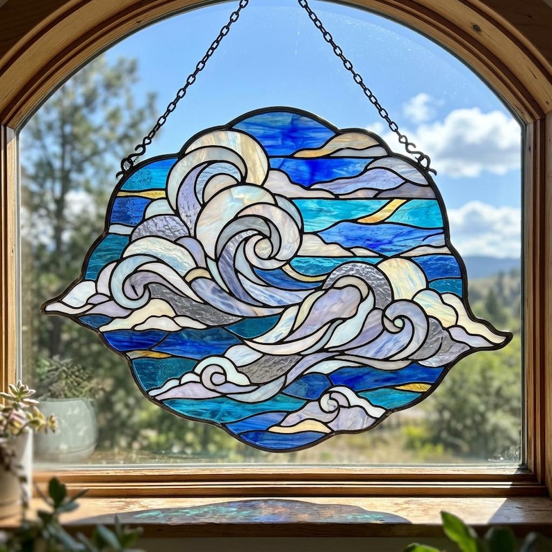 Stained Glass Cloud Suncatcher, Ocean Waves Window Hanging, Coastal Art ...