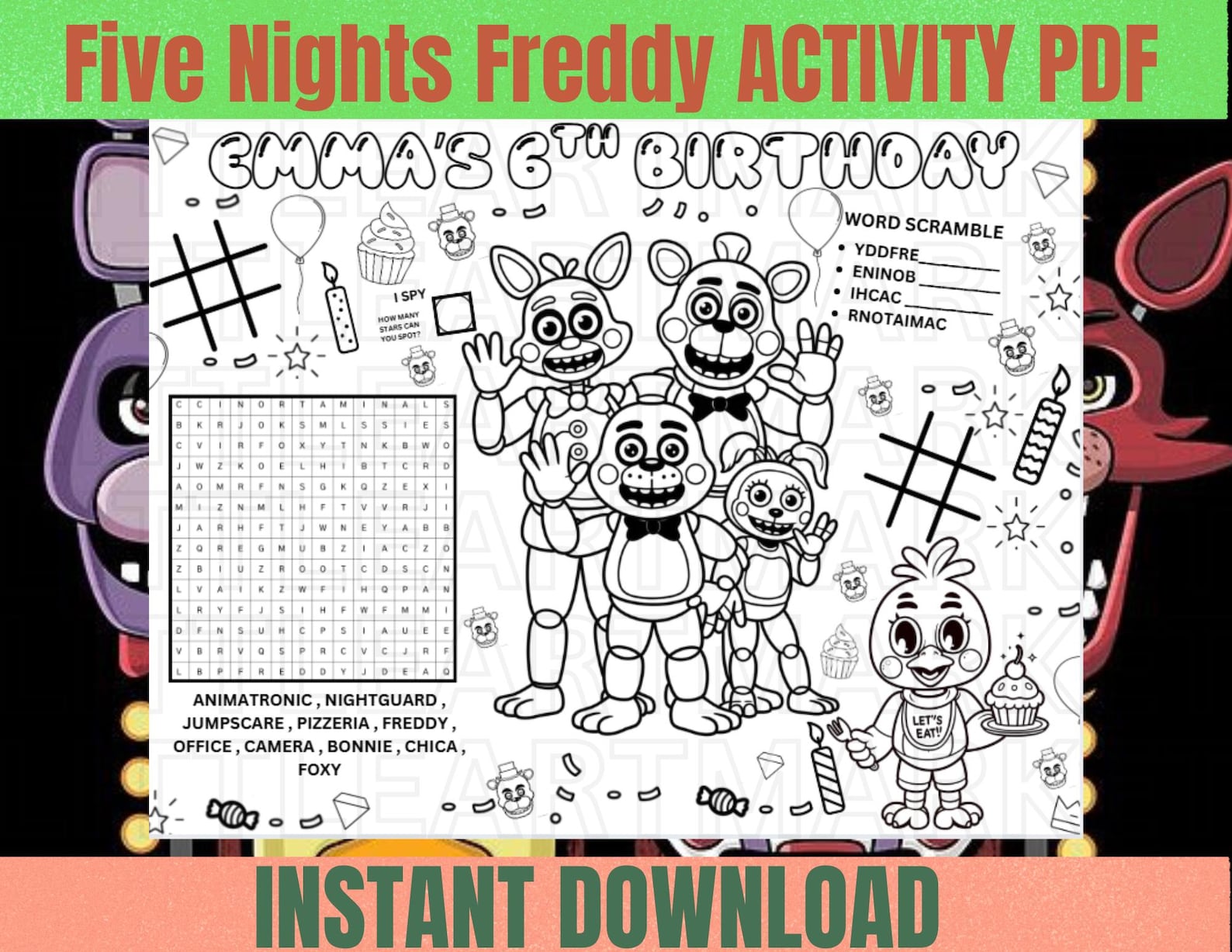 Five Nights at Freddy Birthday Coloring Placemat | FNAF Party Activity ...