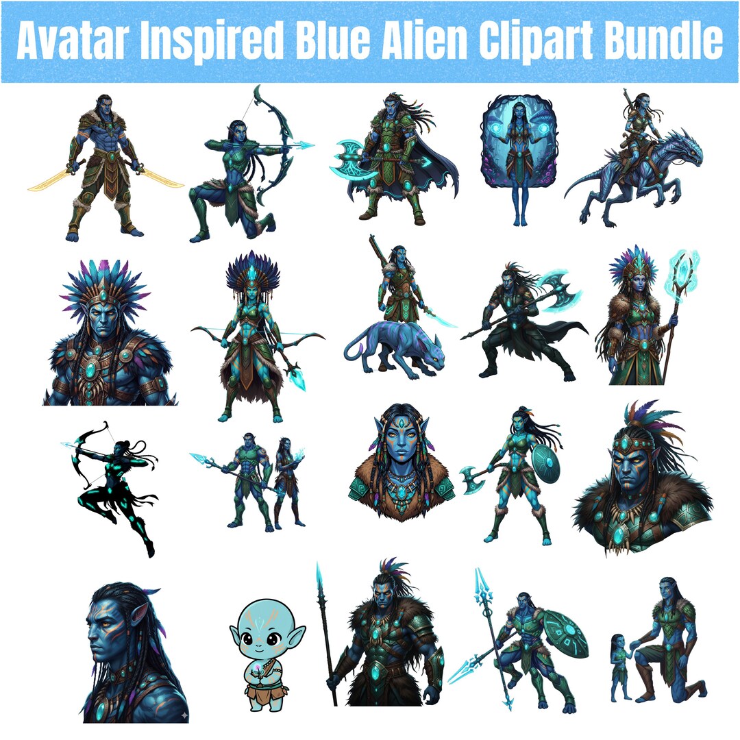 Blue Alien Clipart Bundle Avatar Style | Fantasy Sci Fi Character PNG ...