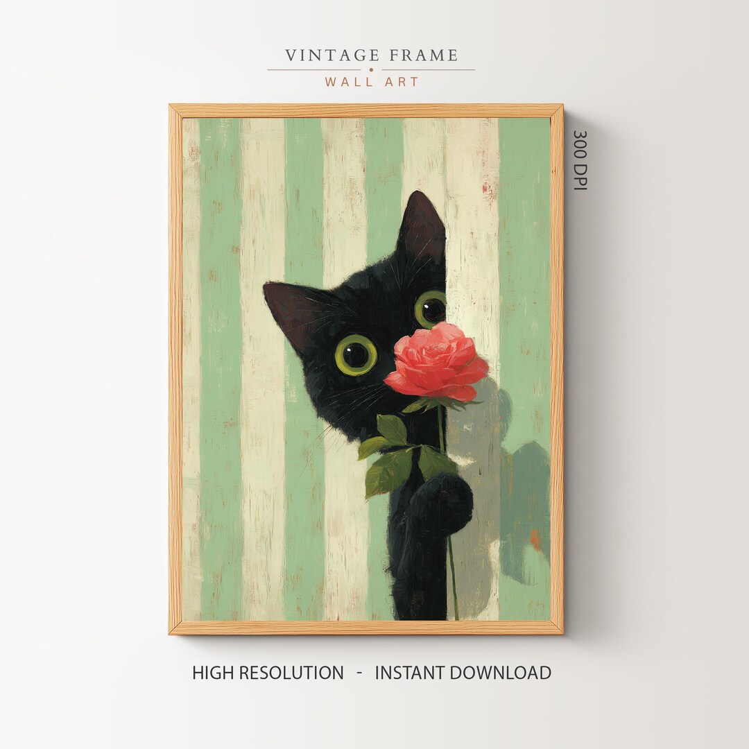 Black Cat Holding a Red Rose | Valentine’s Day Wall Art Print ...