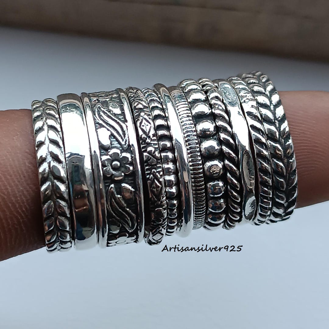 Set of 12 Sterling Silver Stacking Rings – Floral Textured Minimalist ...