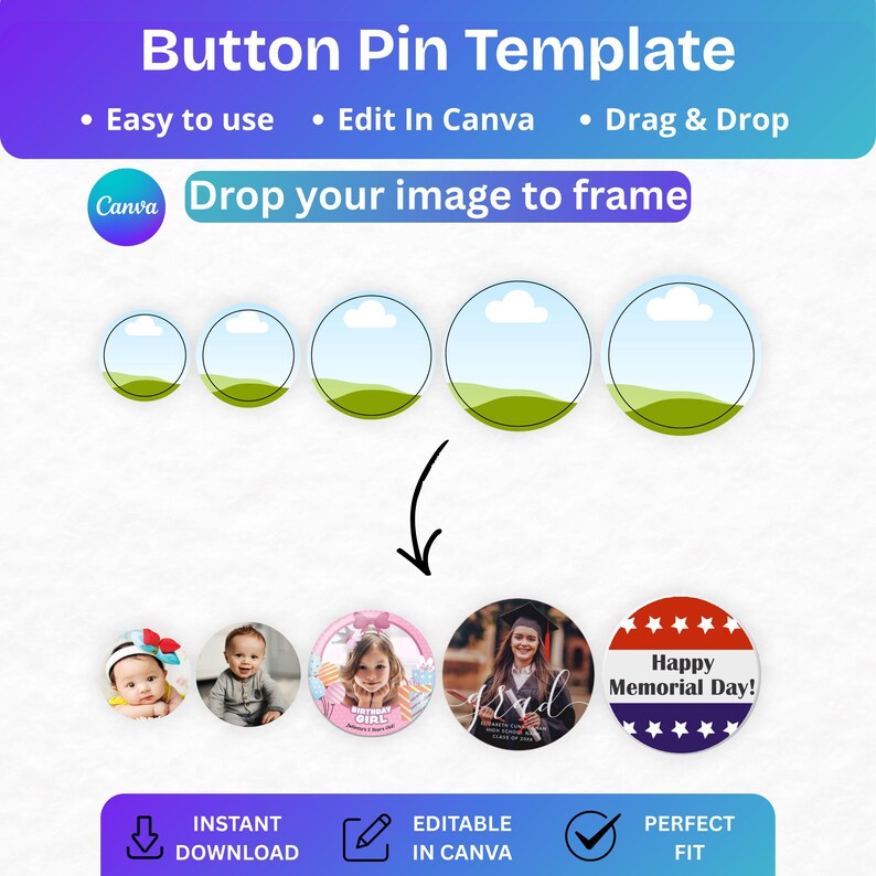Button Pin Template Bundle Canva 13 Sizes Circle Badge Template SVG PNG ...
