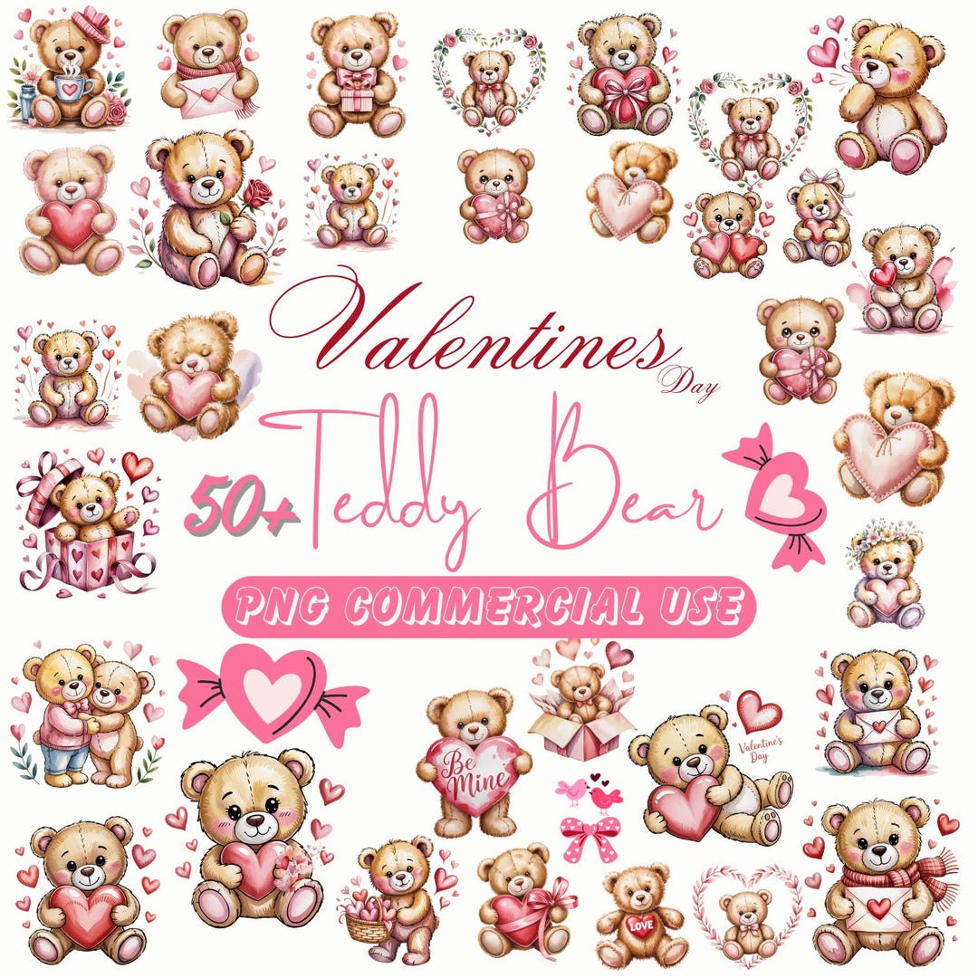 Valentine Teddy Bear PNG Bundle, 50+ Cute Teddy Bear Clipart, Valentine ...