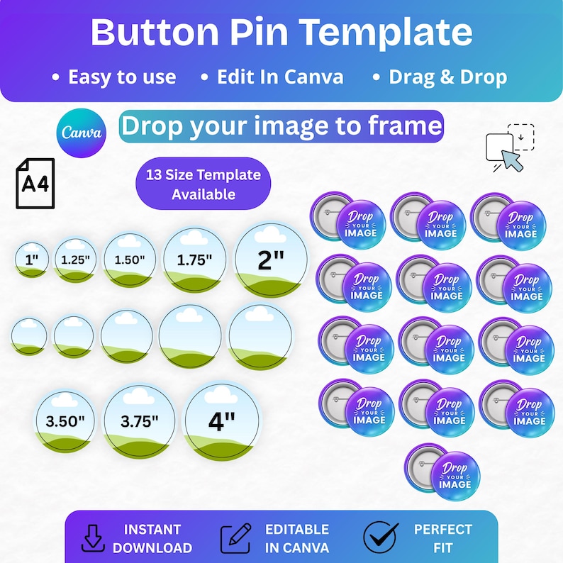 Button Pin Template Bundle Canva 13 Sizes Circle Badge Template SVG PNG ...