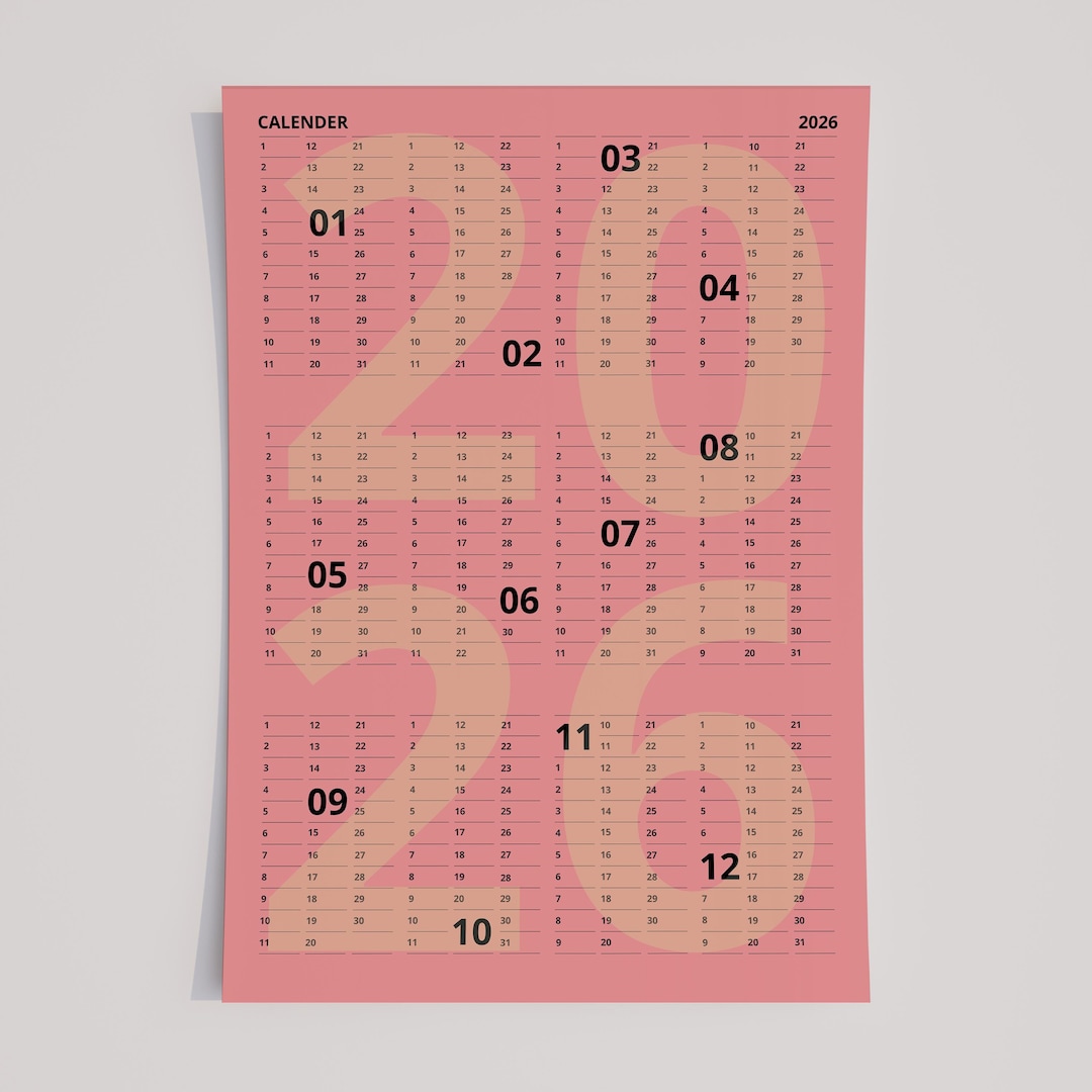 2026 Yearly Wall Calendar | A1, A2 Sizes | Digital Download in Jpeg ...