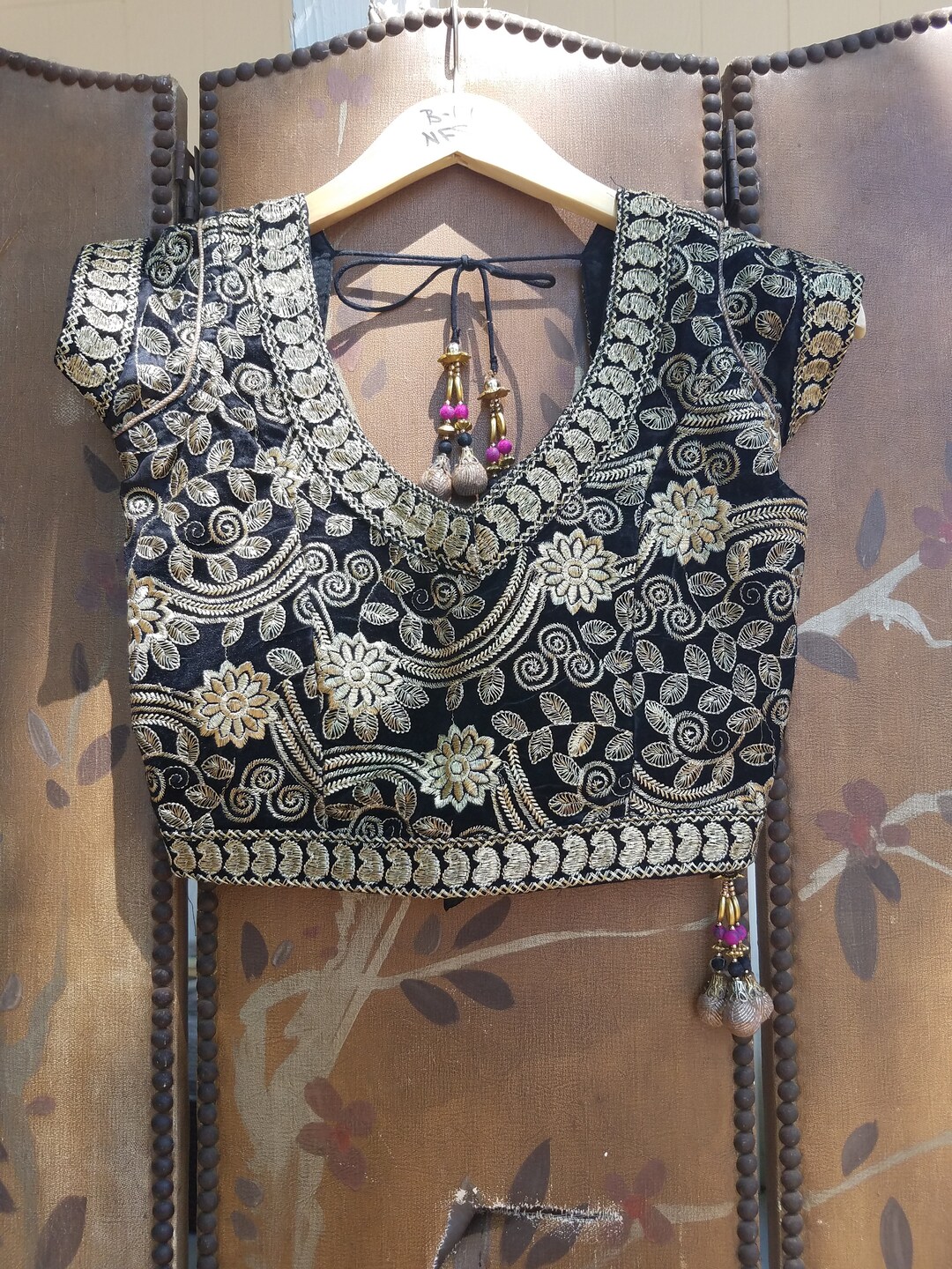 80s Indian Black Crop Sari Top With Gold Metallic Embroidery and ...
