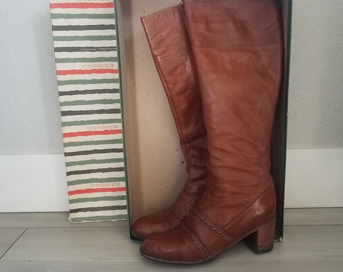 1970s Cognac Brown Leather High Heeled Knee High Boots by Cobbies - Etsy