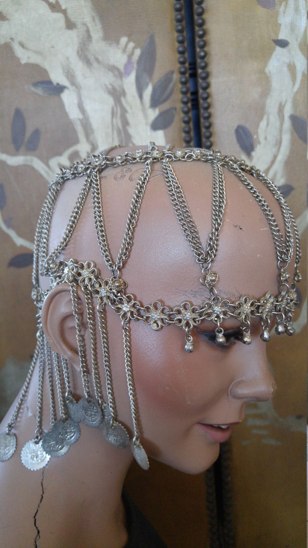 80s Indian Filigree Silver Tone Bells and Coins Head Piece / Belly ...