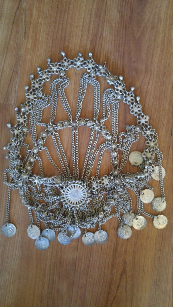 80s Indian filigree silver tone bells and coins head … - Gem