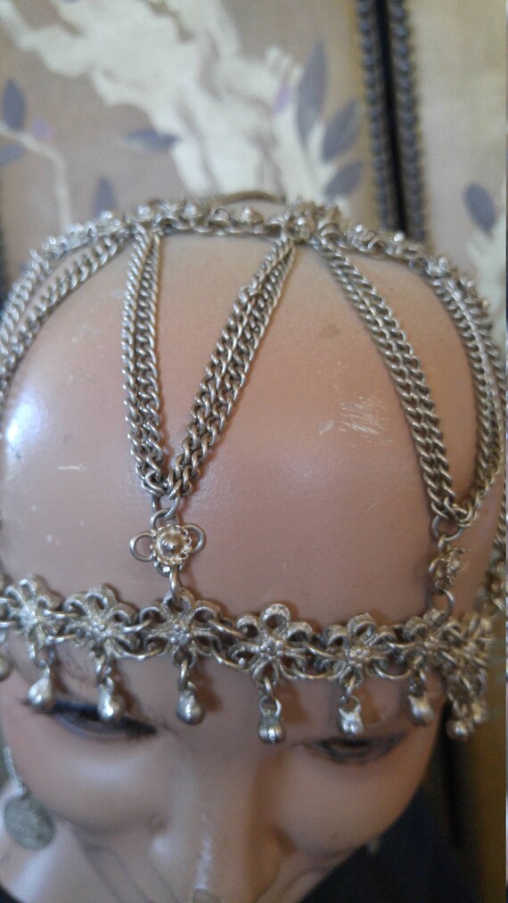 80s Indian filigree silver tone bells and coins head … - Gem